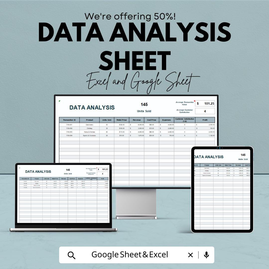 Data Analysis Sheet Template | Excel and Google Sheets | Track Sales ...