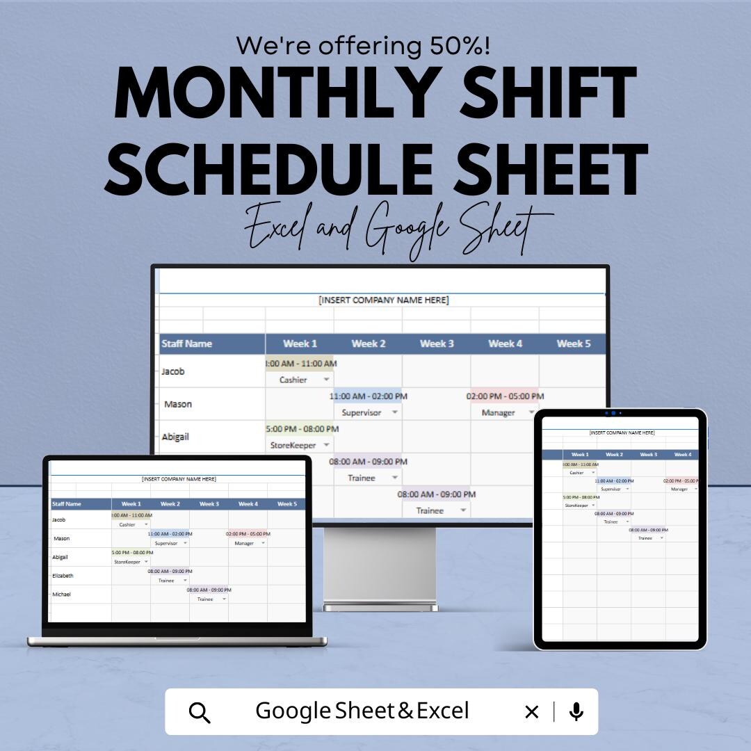 Monthly Shift Schedule Template - Excel & Google Sheets, Employee Work ...