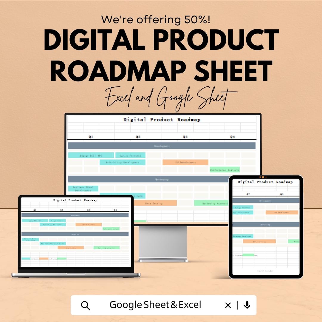 Digital Product Roadmap Sheet | Excel and Google Sheet | Roadmap Template for Digital Product ...