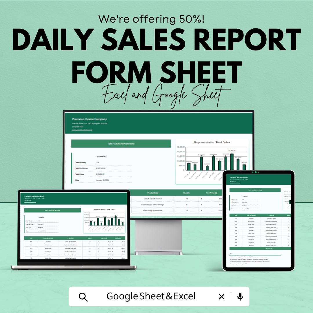 Daily Sales Report Form Sheet - Excel & Google Sheets Template - Track ...