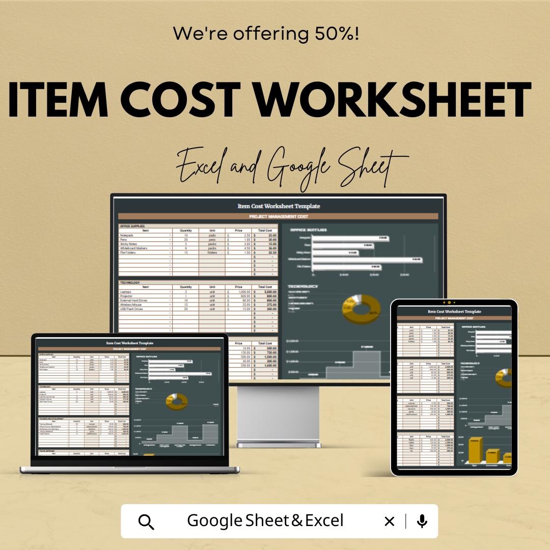 Item Cost Worksheet Template | Excel and Google Sheet | Track Project ...