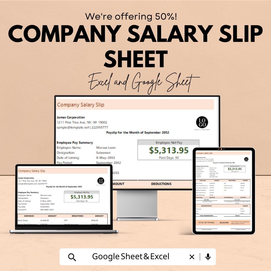 Company Salary Slip Sheet - Excel & Google Sheets Template, Payroll ...