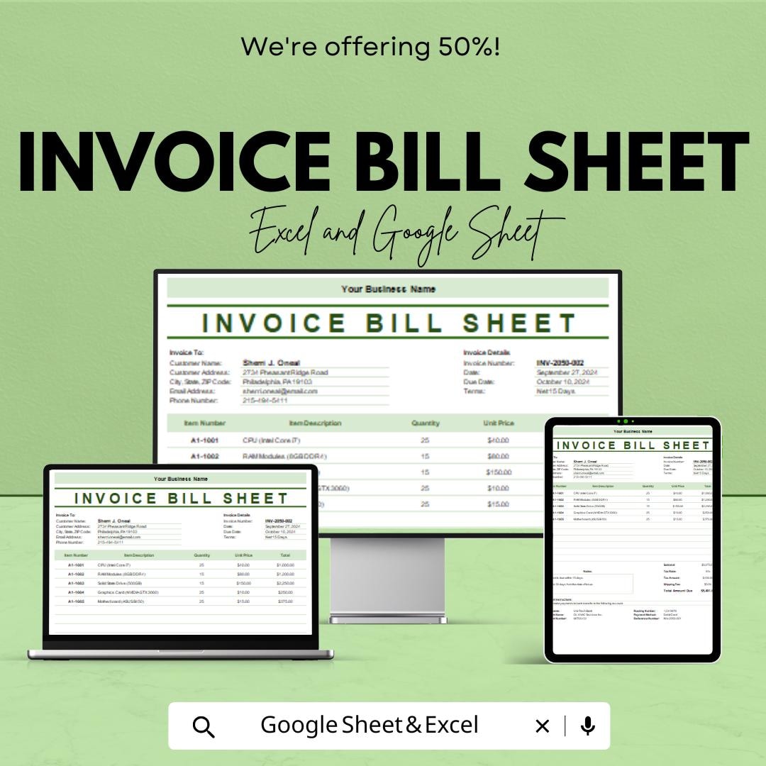 Invoice Bill Sheet for Small Business | Professional Invoice Template ...