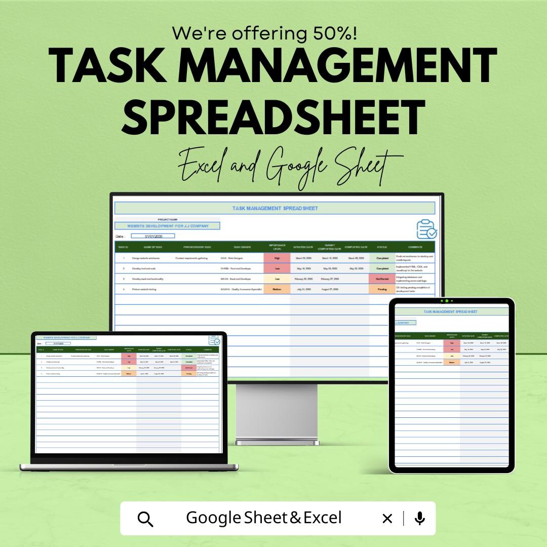 Task Management Spreadsheet | Excel & Google Sheet Template | Efficient ...