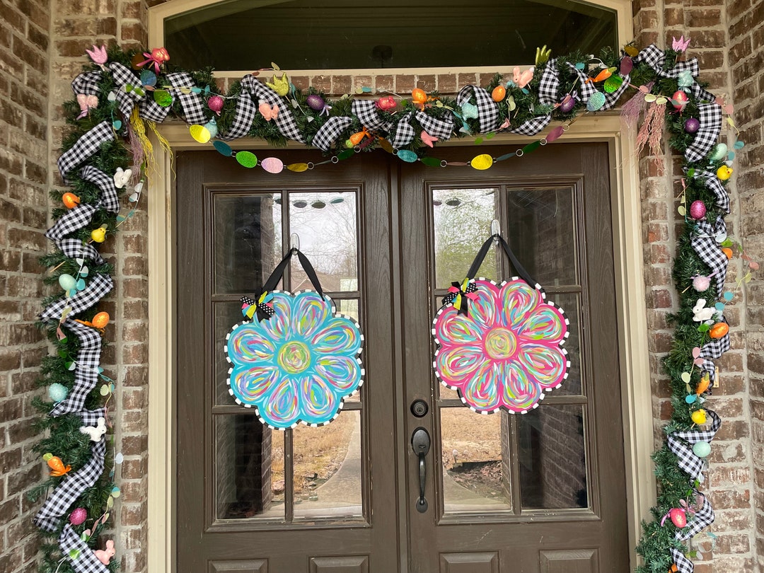 Colorful Flower Door Hanger, Flower Door Hanger, Wood Door Decor ...