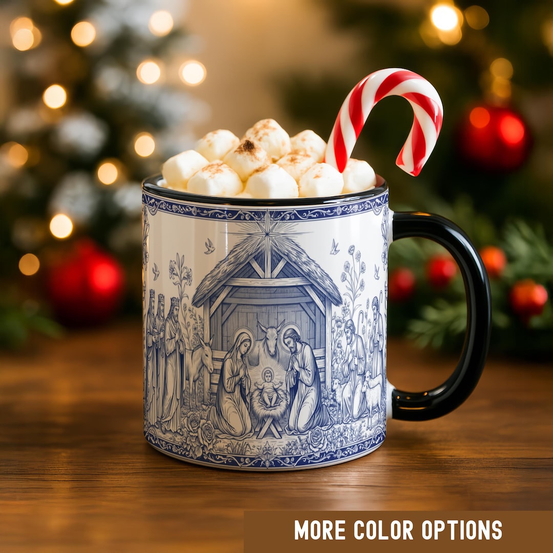 Nativity Scene Mug, Catholic Christmas Gift, Blue Nativity Scene ...