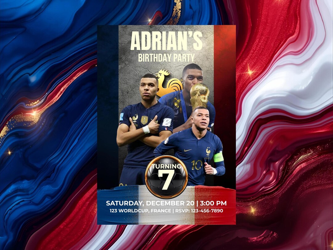 Kylian Mbappe Soccer Birthday Invitation Editable France Party Template ...