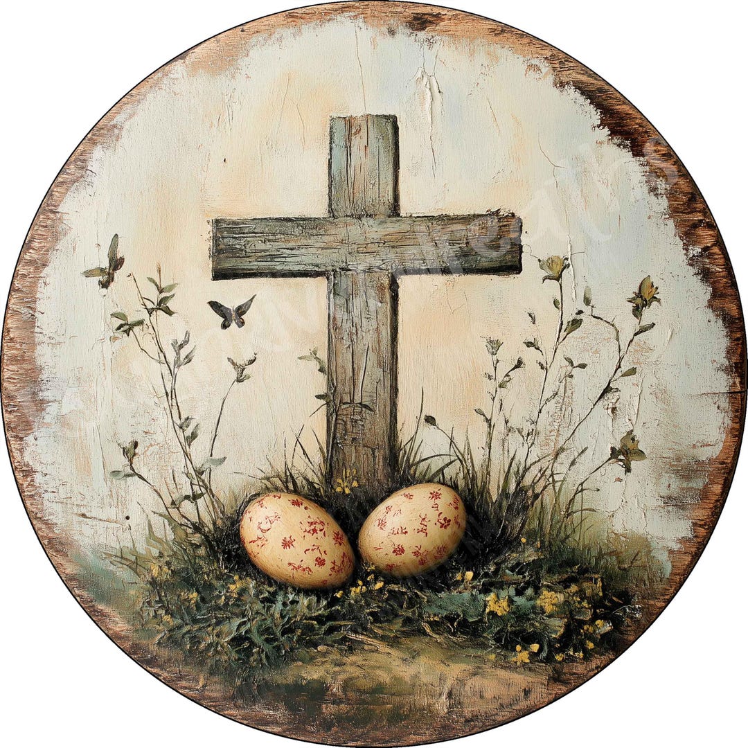Rustic Easter Cross With Eggs Wreath Sign: Colorful Easter PNG (digital ...