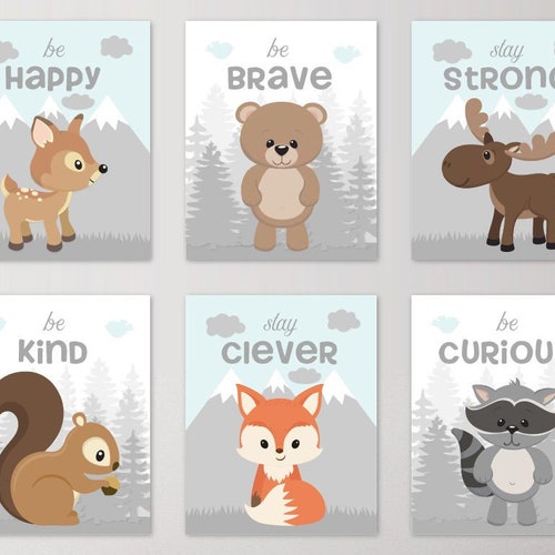 Woodland Nursery Wall Art Set of 6 Animal Prints Be Brave Be | Etsy