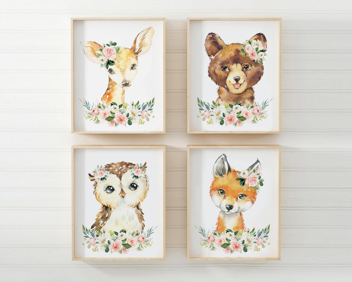 Boho Woodland Animals PRINTS or CANVAS, Pink Nursery Wall Decor Girl ...