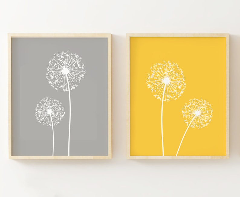 Dandelion Grey and Yellow Wall Art Simple Artwork Above Bed - Etsy