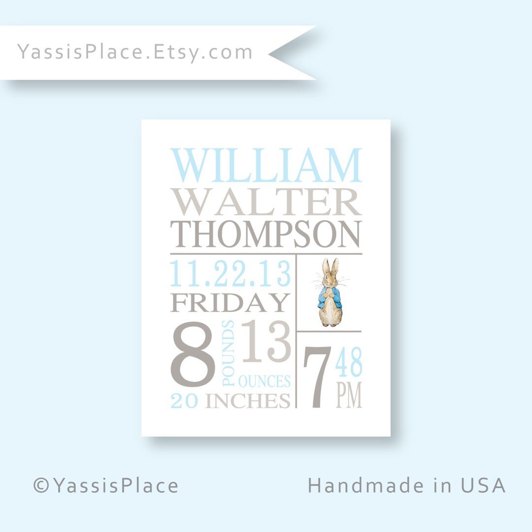 Peter Rabbit Baby Stats Wall Art Print, Baby Boy Birth Announcement ...