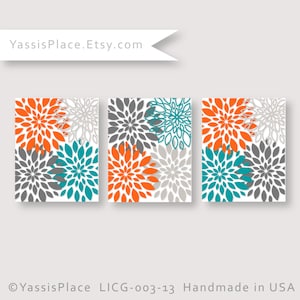 Floral Burst Wall Art Decor Turquoise Orange Gray Flower Wall Art ...