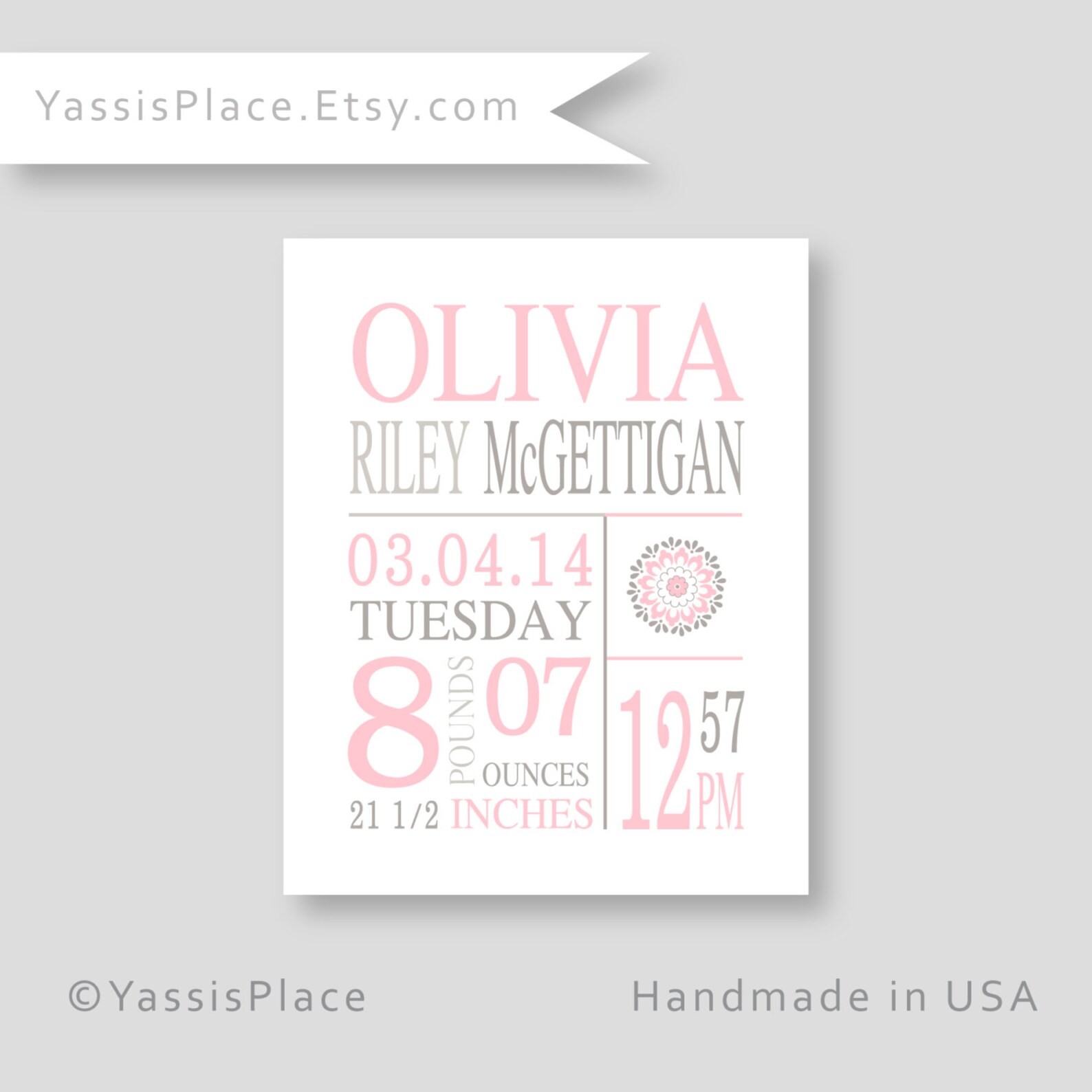 Baby Girl Birth Stats Print Pink Gray Wall Art for Nursery - Etsy