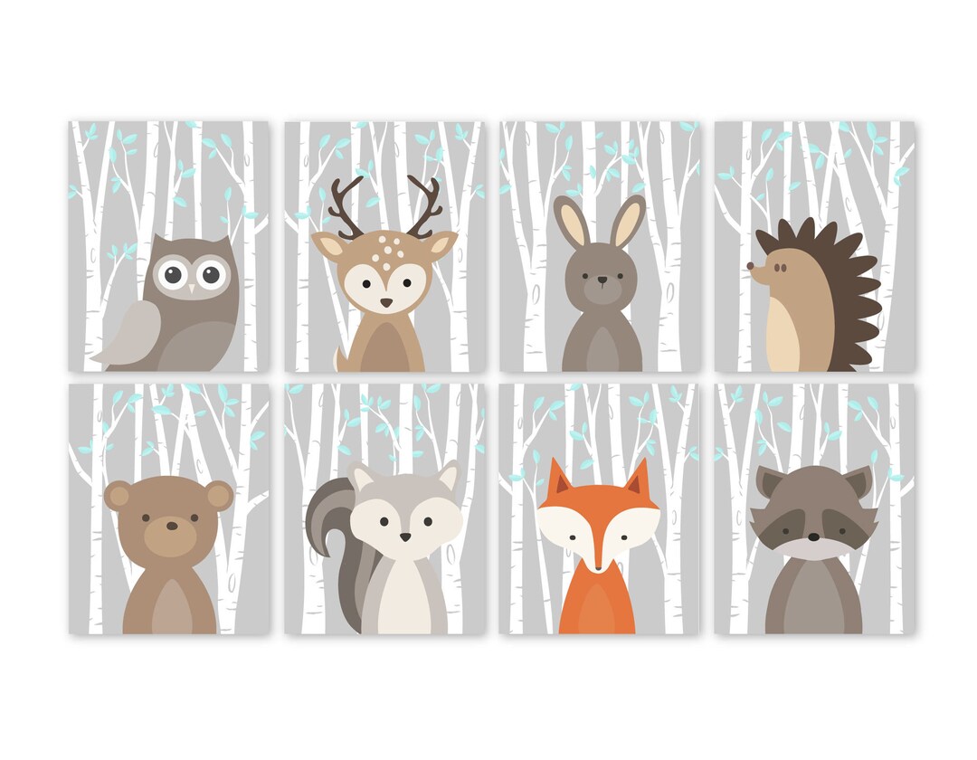 Woodland Nursery Decor, Set of 8, Forest Animal Prints, Baby Animal ...