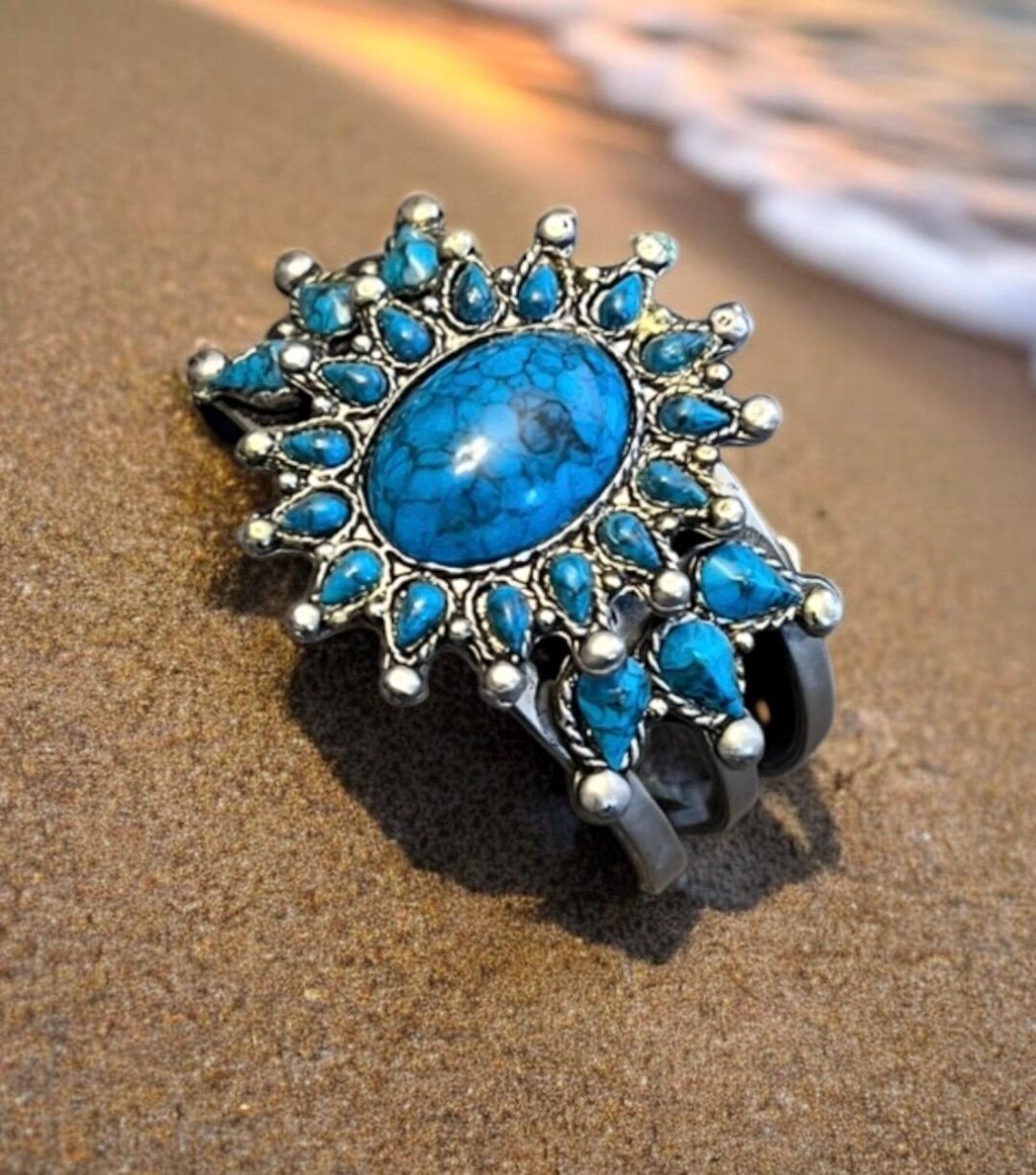 Vintage Turquoise Sunburst Cuff Bracelet – Bohemian Western 7.5 Inches ...