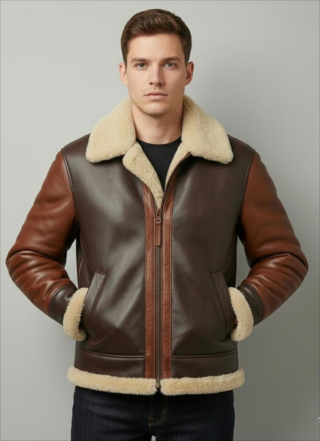 Two-tone Brown Leather Shearling Bomber, Men’s B3 Aviator Flight Coat ...