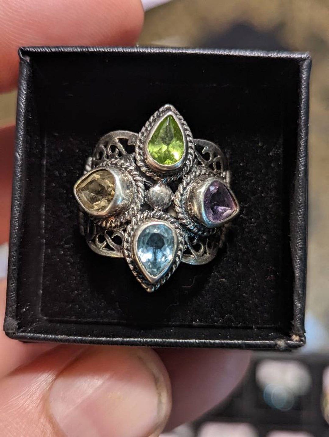 Heavy Gemstone, Amethyst Citrine Topaz Peridot, Sterling Silver Ring ...