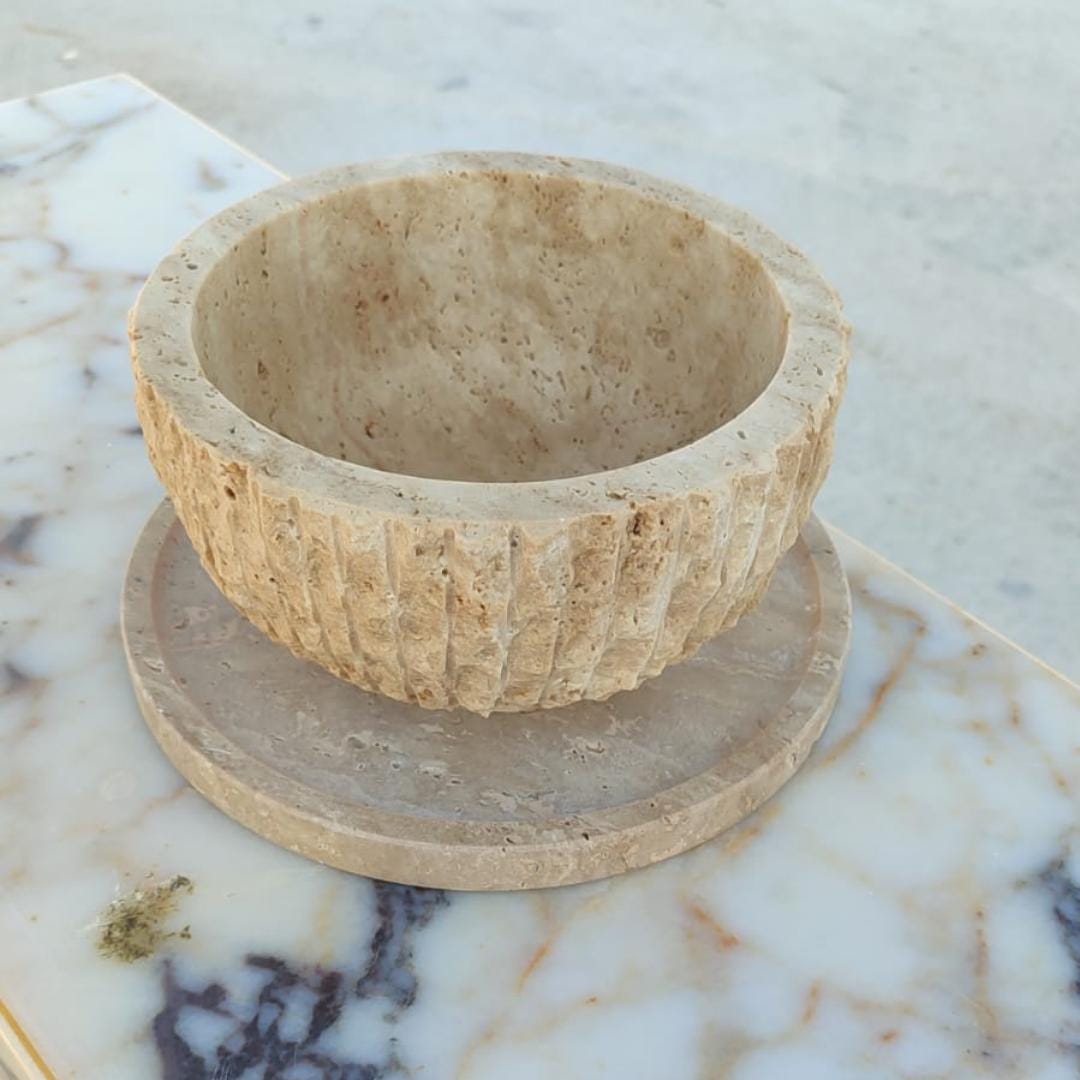 Handcrafted Travertine Stone Bowl With Vertical Grooves, Rustic ...