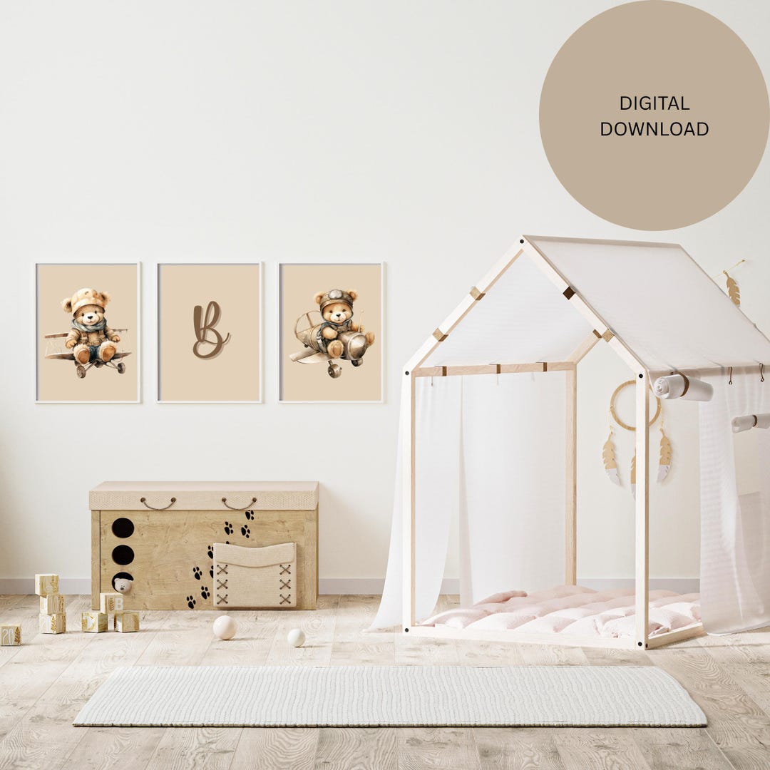 Aviation Bear Nursery Wall Art Set | Personalized Initial Printable ...