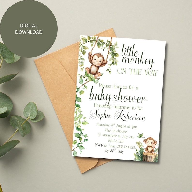 Jungle Baby Shower Invitation: Greenery Monkey, Editable Canva Template ...