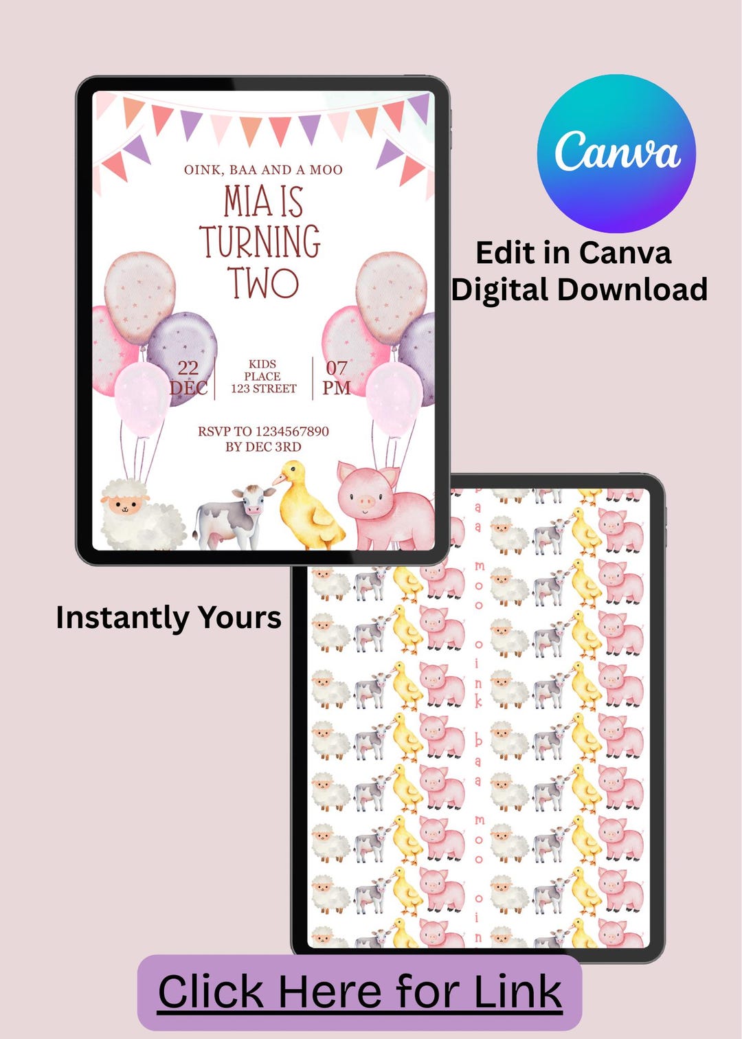 MOO, BAA, and an OINK 2nd Birthday Party Invitation Template (digital ...