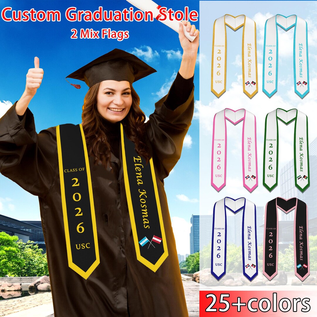 Custom 2 Flags Graduation Stole, Personalized Grad Stole With Name ...