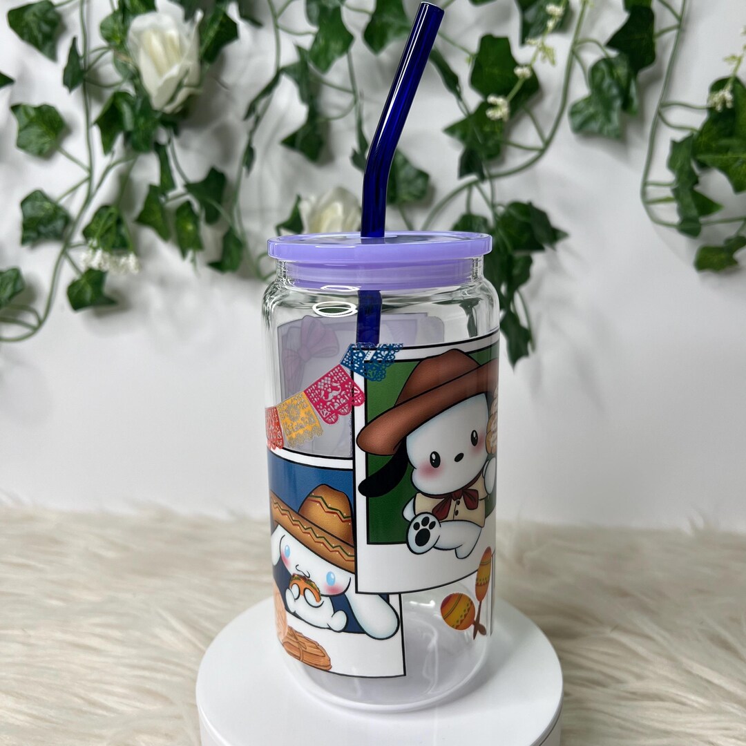 Mexican Treats Sanrio 16 Oz Glass Tumbler Cute Hello Kitty Cinnamoroll ...