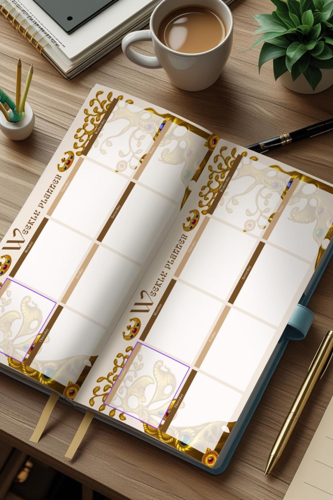 Weekly Planner Printable A4 Landscape, Fantasy Gold Decorative Weekly ...