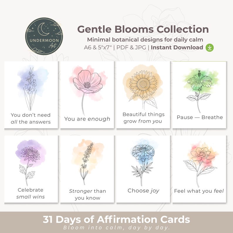 Printable Affirmation Cards Gentle Blooms | Minimal Botanical Self Care ...