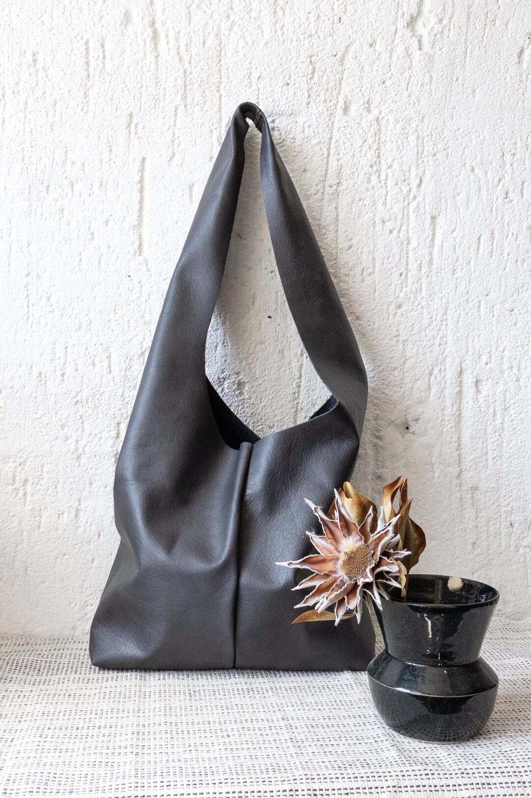 Simple Hobo Style Graphite Black Leather Tote Bag - Etsy
