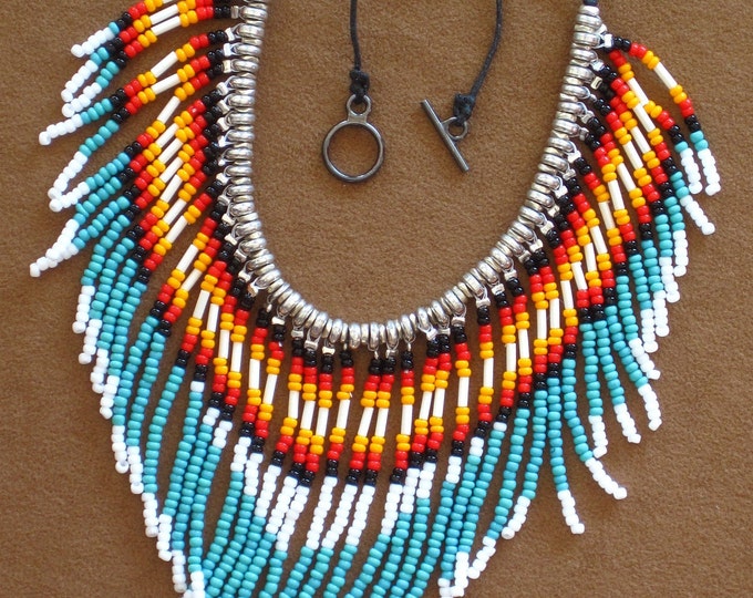 Native American Style Fringed Turquoise and Silver Seed Bead Necklace ...