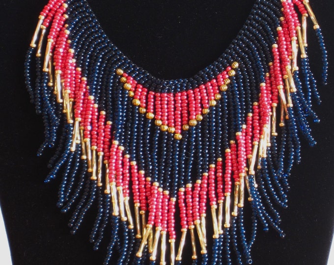 Native American Style Tribal Fringed Collar Necklace in Red, Gold, and ...
