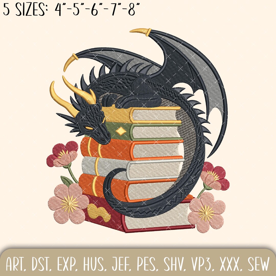 Dragon With Books Embroidery Design, Dragon Book Machine Embroidery ...