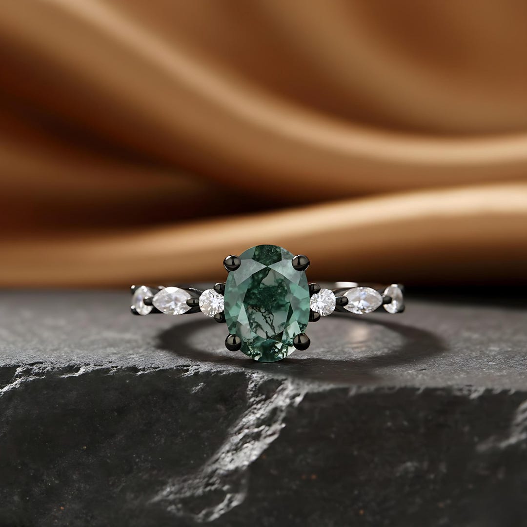 Oval Moss Agate Engagement Ring, Vintage Style, Diamond Accent - Etsy