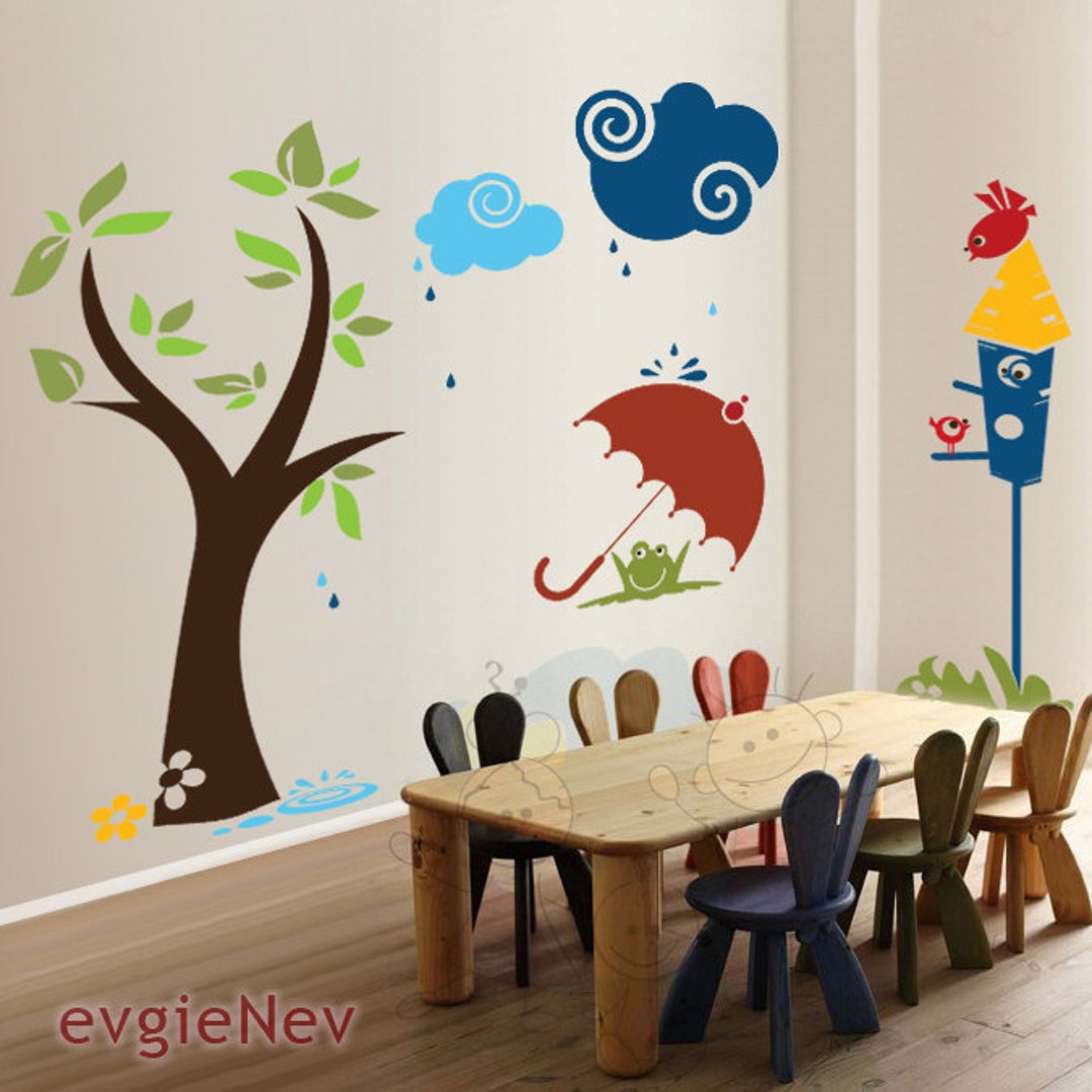 Children Wall Decals Birds Family House Tree and Rain Playroom Vinyl ...