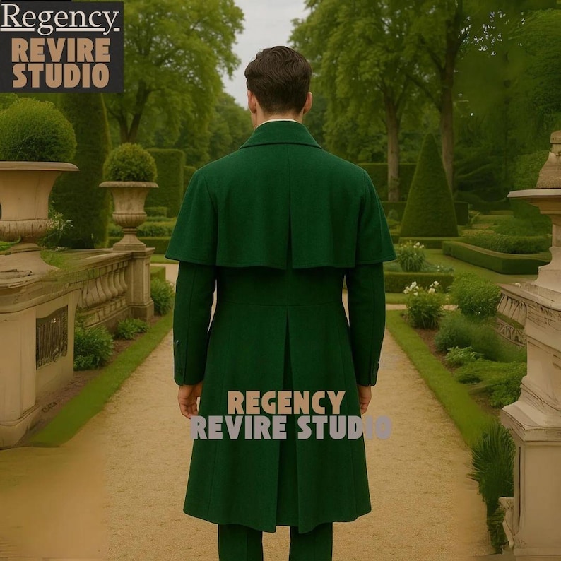 Green Wool Garrick Overcoat - Regency Style Victorian Inverness Cape ...