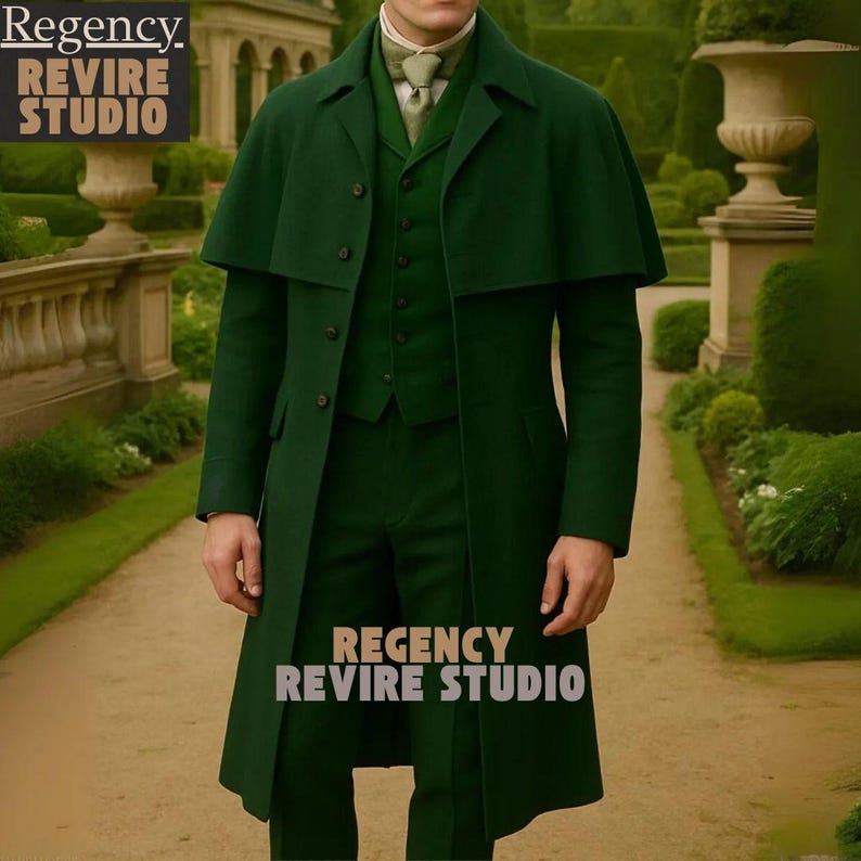 Green Wool Garrick Overcoat - Regency Style Victorian Inverness Cape ...