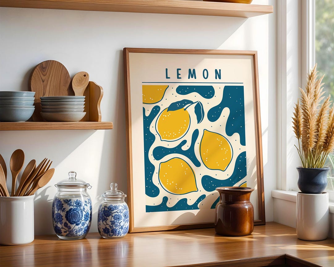 Retro Lemon Poster — Citrus Kitchen Wall Art, Scandi Printable, Instant ...