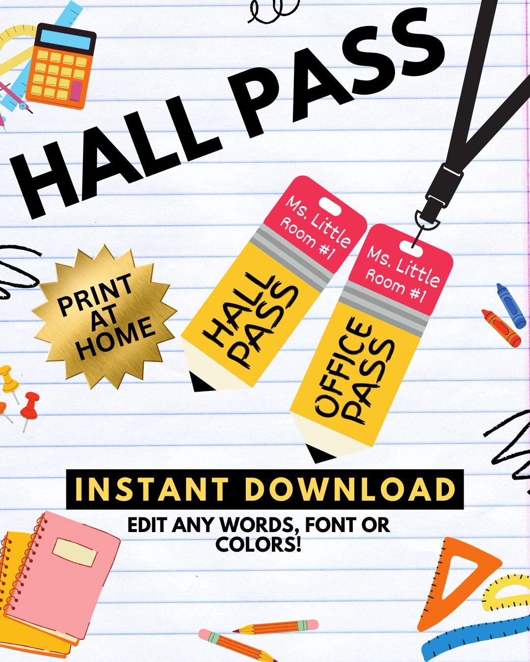 Hall Pass Pencil Download Printable - Etsy