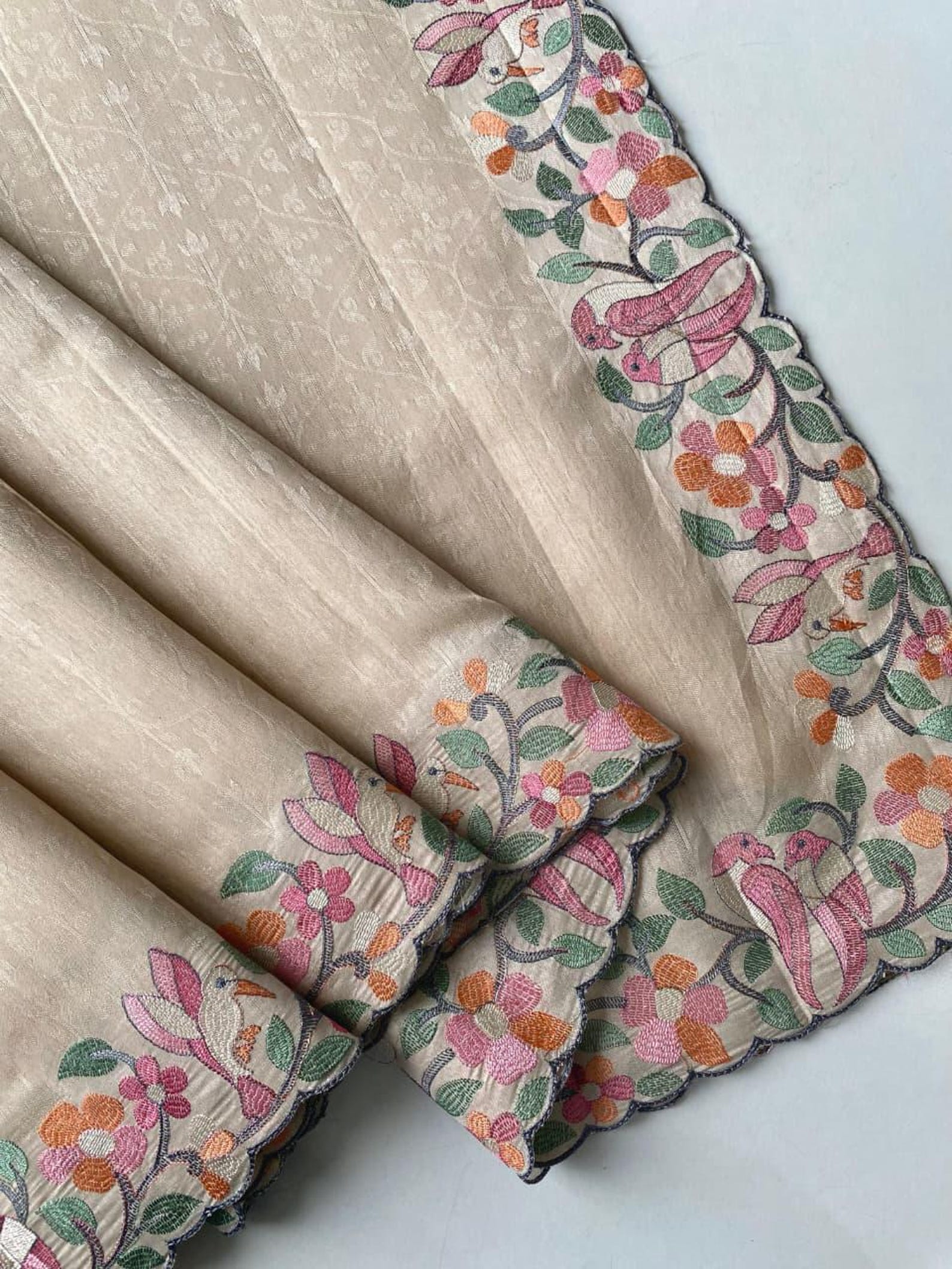 Tussar Silk Saree: Handcrafted Floral Bird Embroidery Work Matching ...