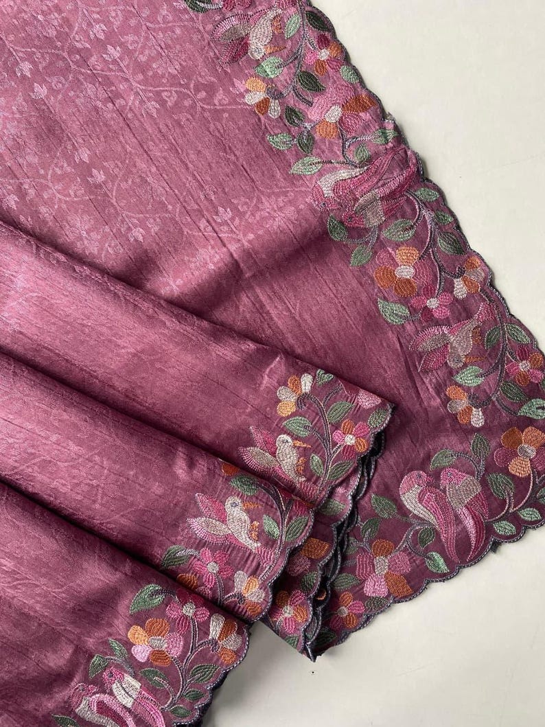 Tussar Silk Saree: Handcrafted Floral Bird Embroidery Work Matching ...