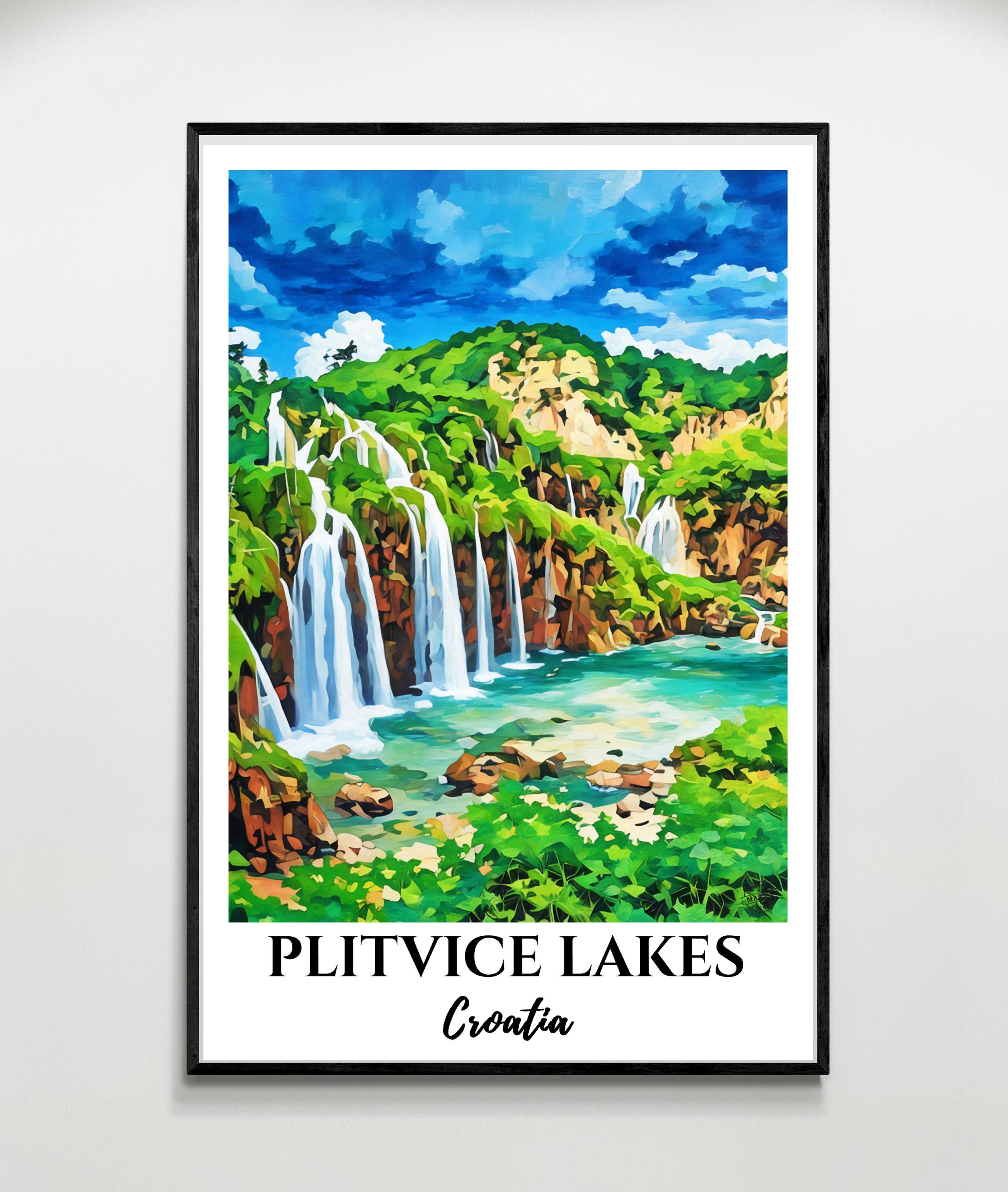 Plitvice Lakes Travel Poster, Printable Home Decor, Digital Drawing ...