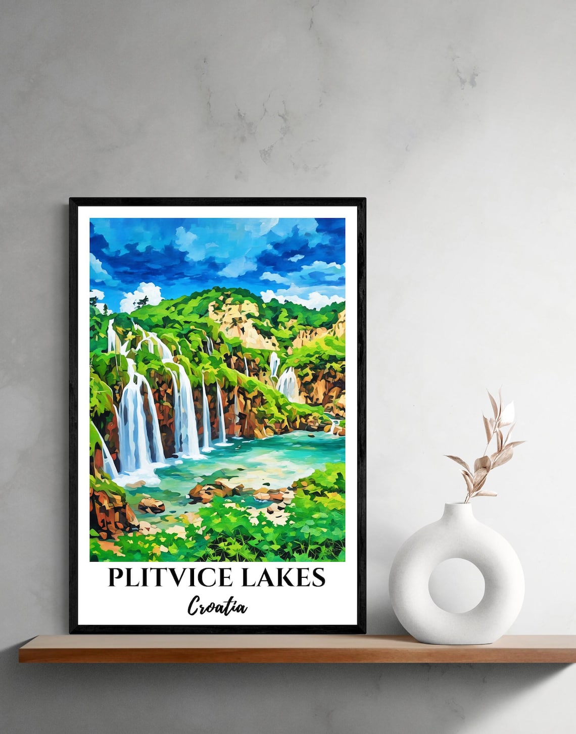 Plitvice Lakes Travel Poster, Printable Home Decor, Digital Drawing ...