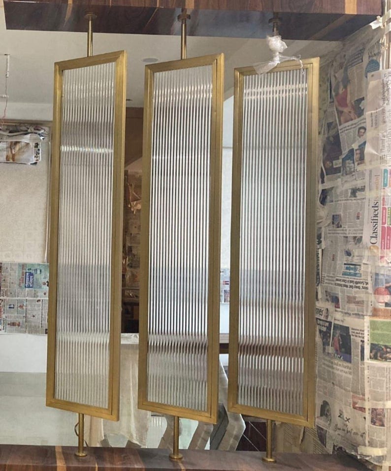 Golden PVD Fluted Glass Room Divider - Stainless Steel Privacy ...