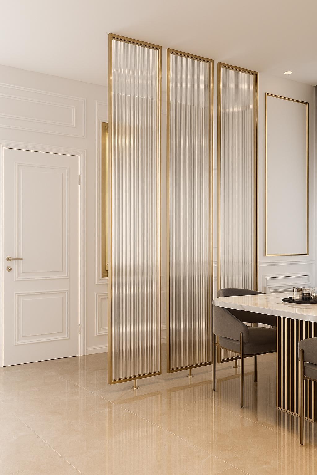 Golden PVD Fluted Glass Room Divider - Stainless Steel Privacy ...