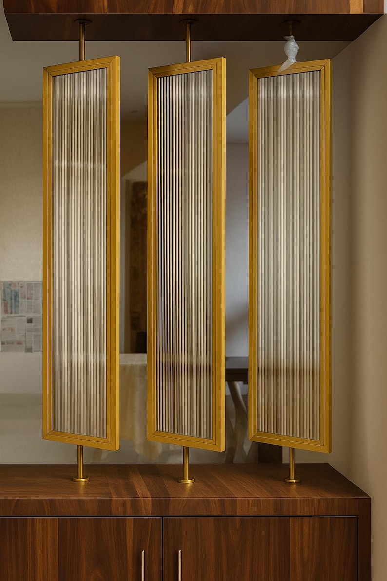 Golden PVD Fluted Glass Room Divider - Stainless Steel Privacy ...