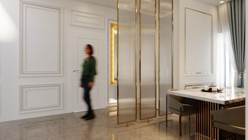 Golden PVD Fluted Glass Room Divider - Stainless Steel Privacy ...