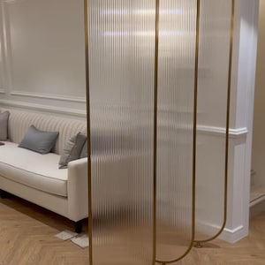 Custom Luxurious Gold-framed Ribbed Glass Partition Screen - Modern ...
