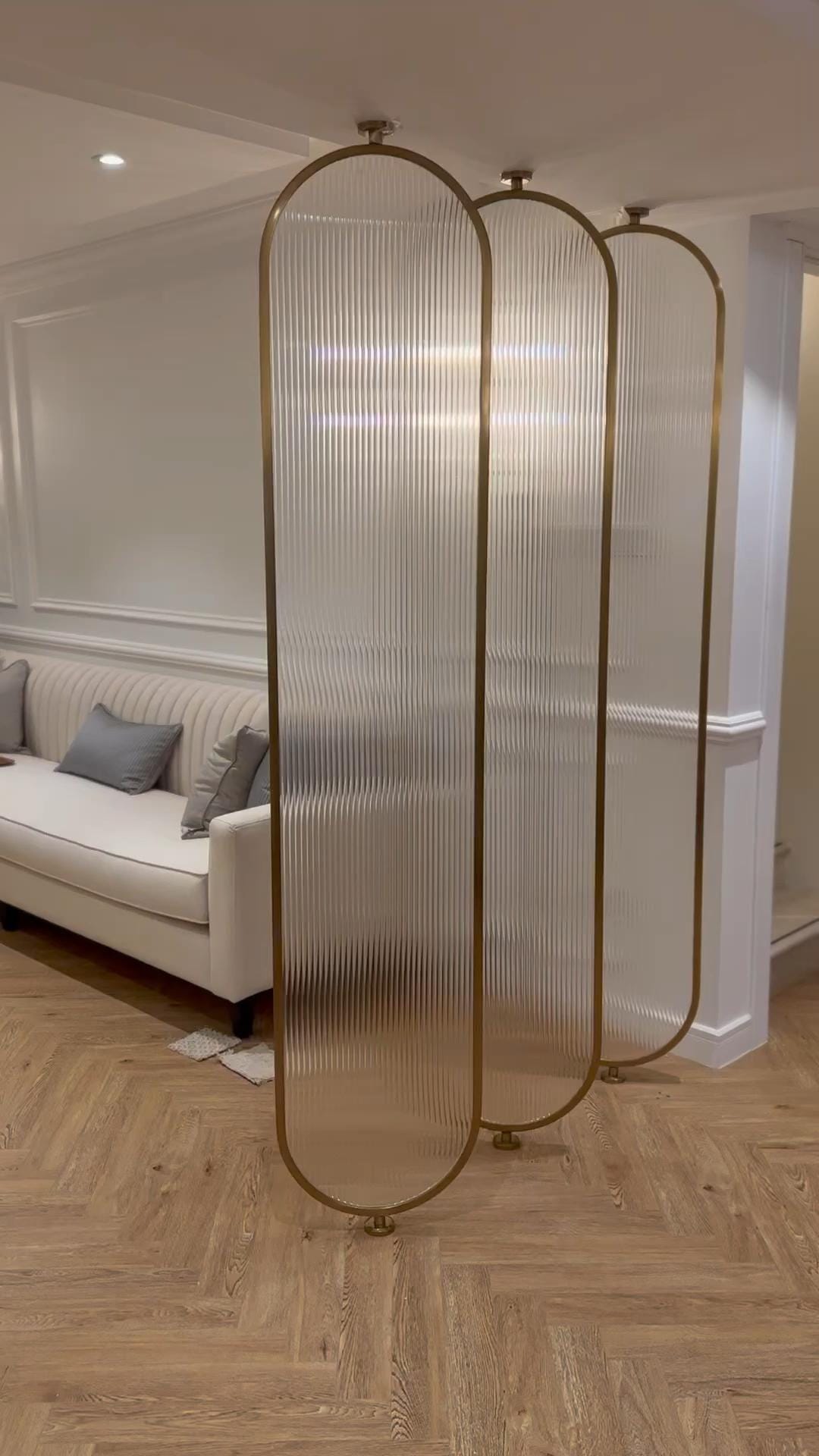 Custom Luxurious Gold-framed Ribbed Glass Partition Screen - Modern ...